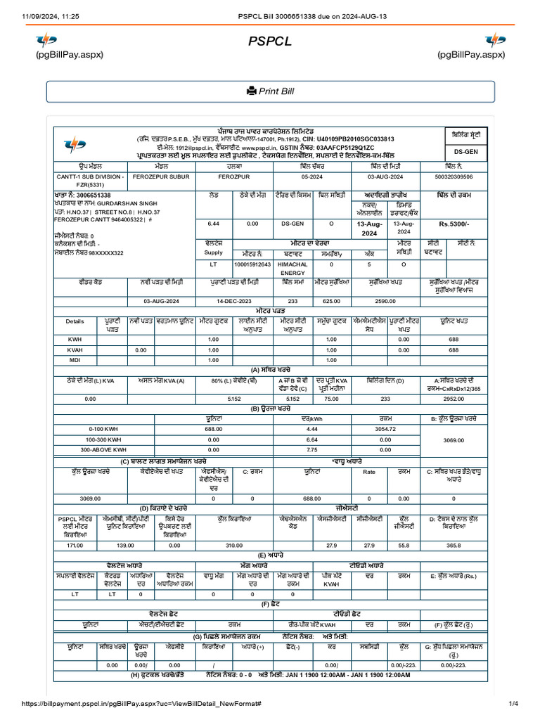 PSPCL Bill 3006651338 Due On 2024-AUG-13 | PDF