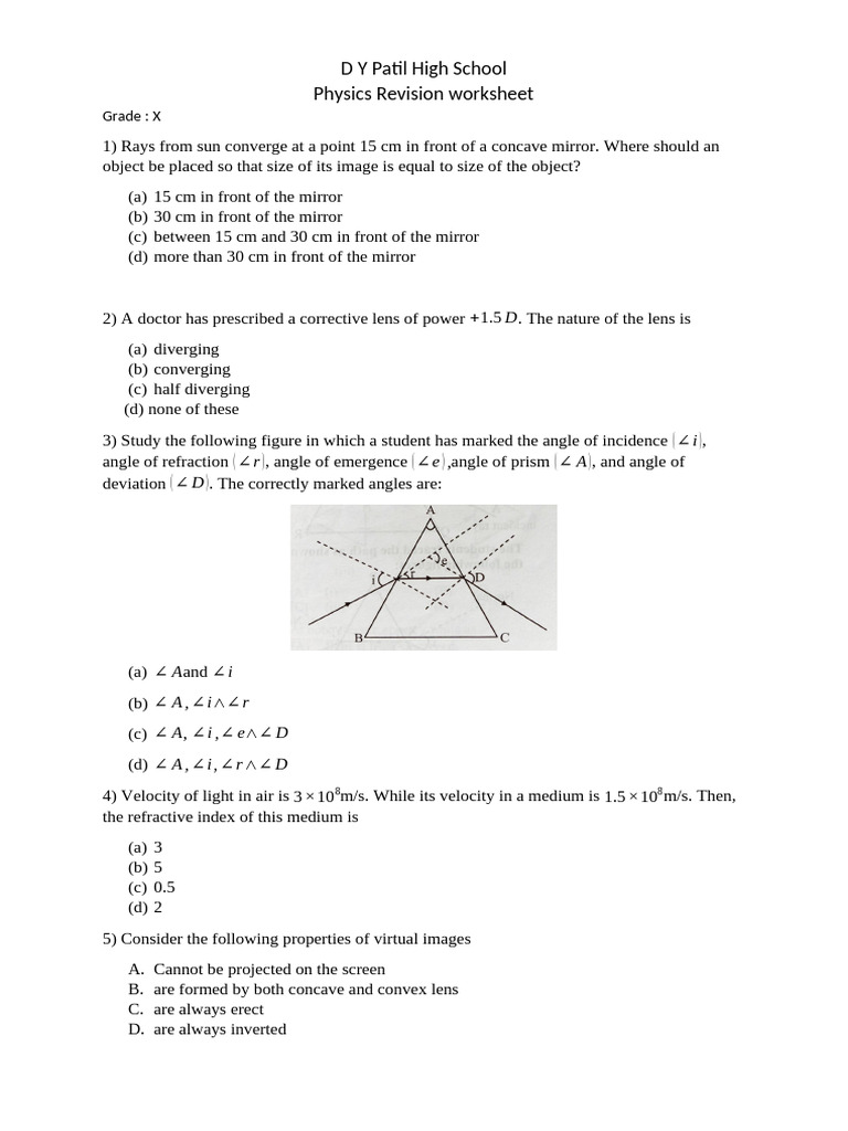 Physics Revision Worksheet Grade X | PDF | Mirror | Optics