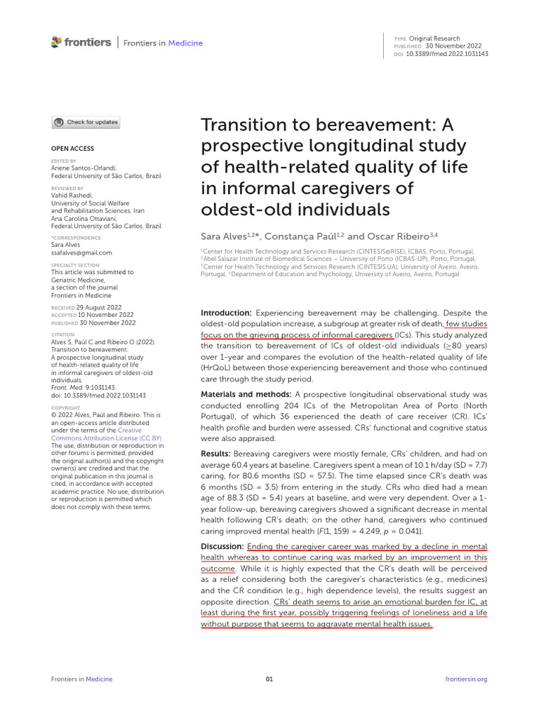 Transition To Bereavement: A Prospective Longitudinal Study of Health ...