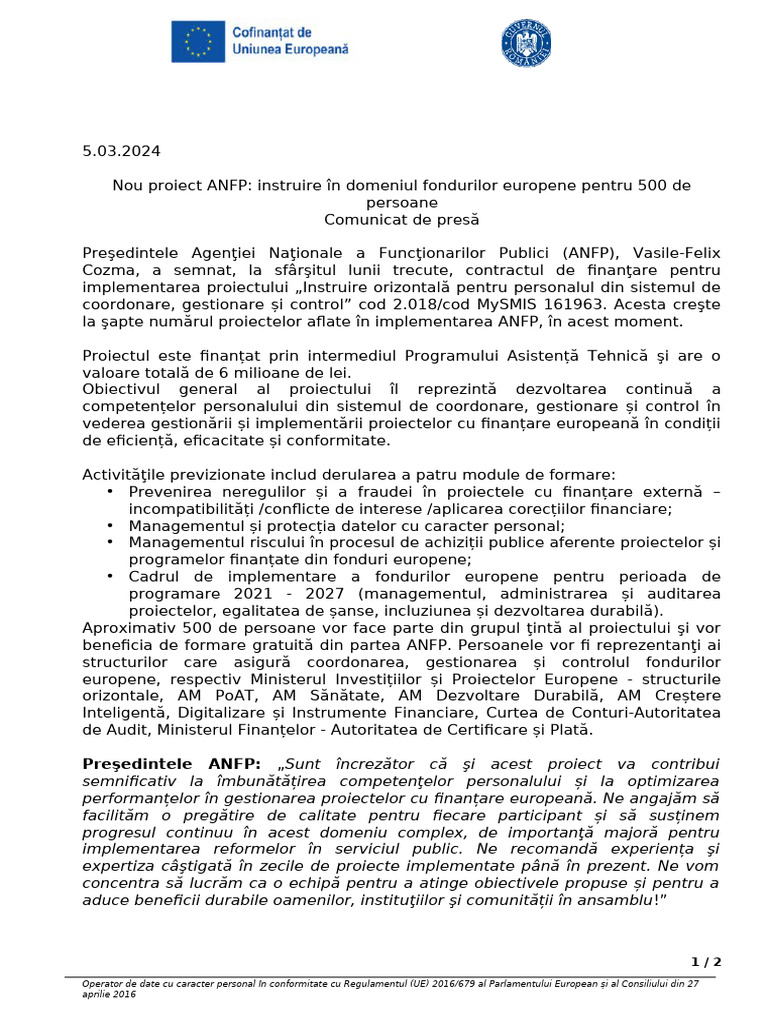 Comunicat ANFP - Proiect - 05.03.2024 | PDF