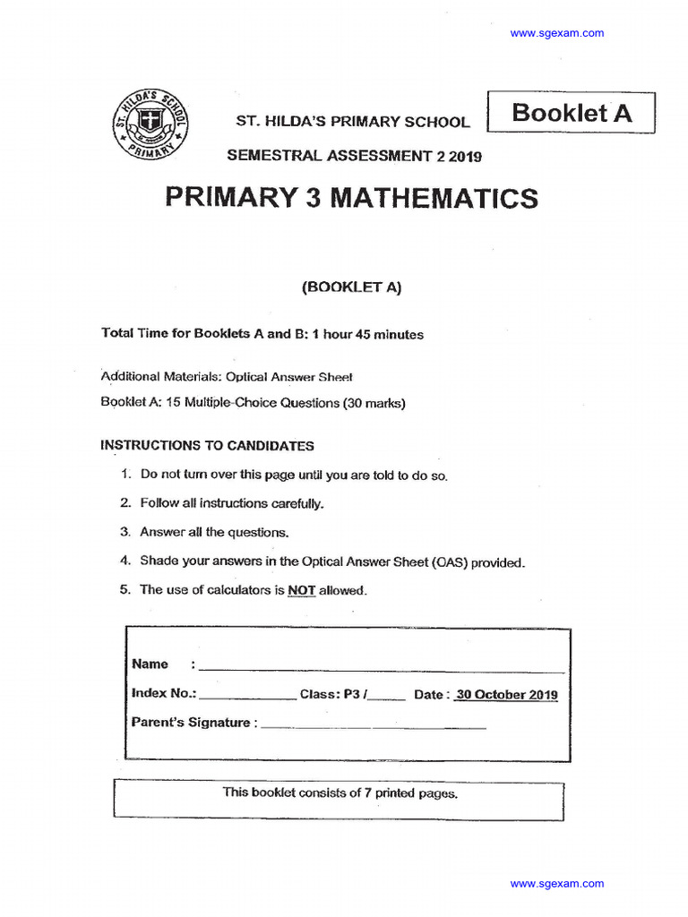 2019-P3-Math-SA2-St Hilda | PDF