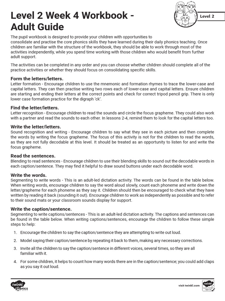 Level 2 Week 4 Pupil Workbook Adult Guide | PDF | Phonics | Applied ...