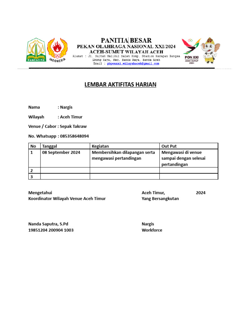 LEMBAR AKTIFITAS HARIAN Nargis | PDF