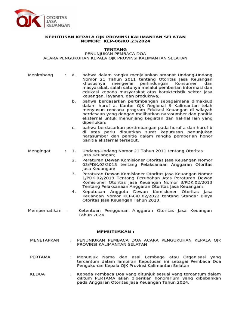 SK Pembaca Doa Pengukuhan Kepala OJK | PDF