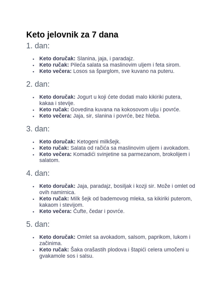 Keto Jelovnik Za 7 Dana | PDF