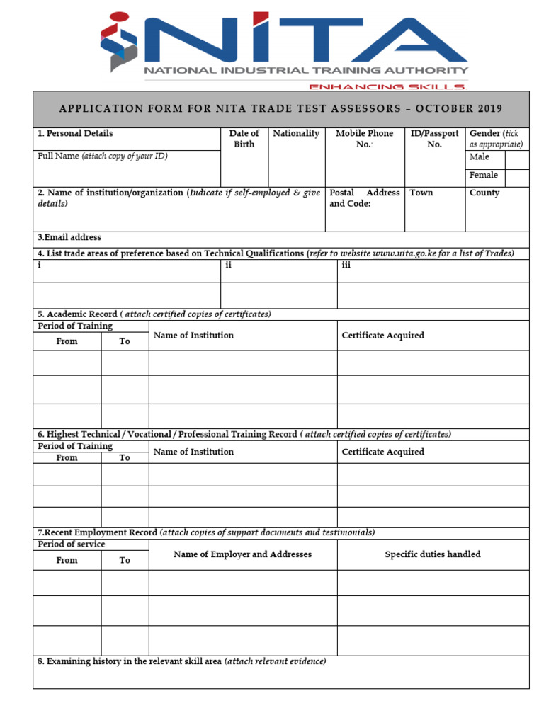NITA TT APPLICATION FORM - TEST ASSESSORS - OCTOBER 2024 (1) | PDF