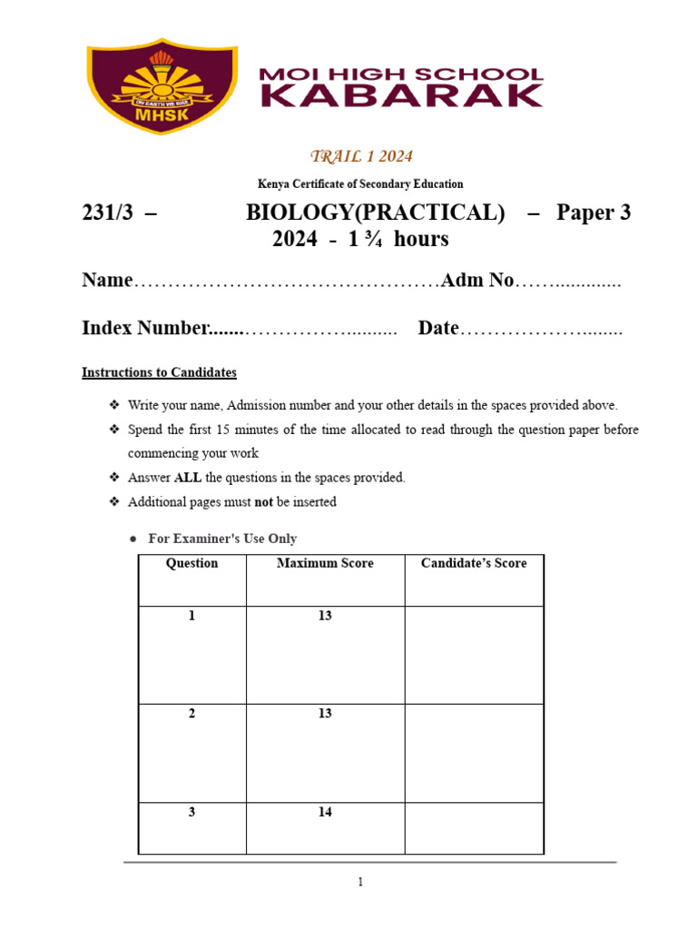 231/3 - Biology (Practical) - Paper 3 2024 - 1 Hours: Name Adm No Index ...