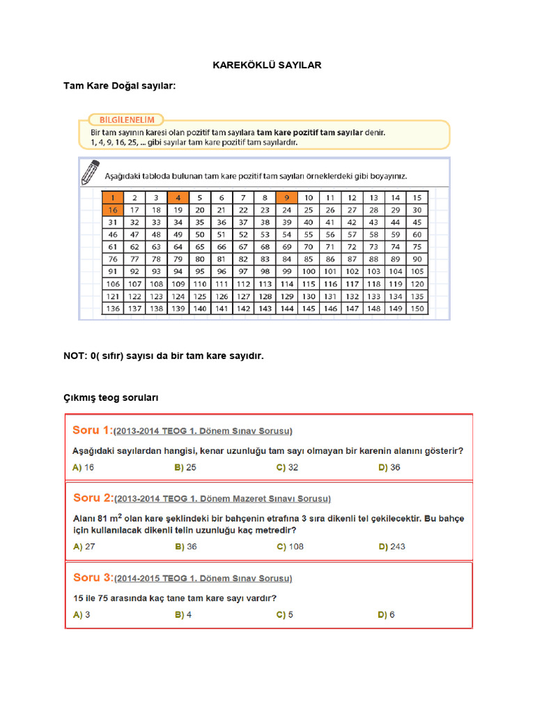 Sinif Karekoklu Ifadeler Lgs Ve Ornek Soru Destekli Etkinlikli Konu Anlatimi | PDF