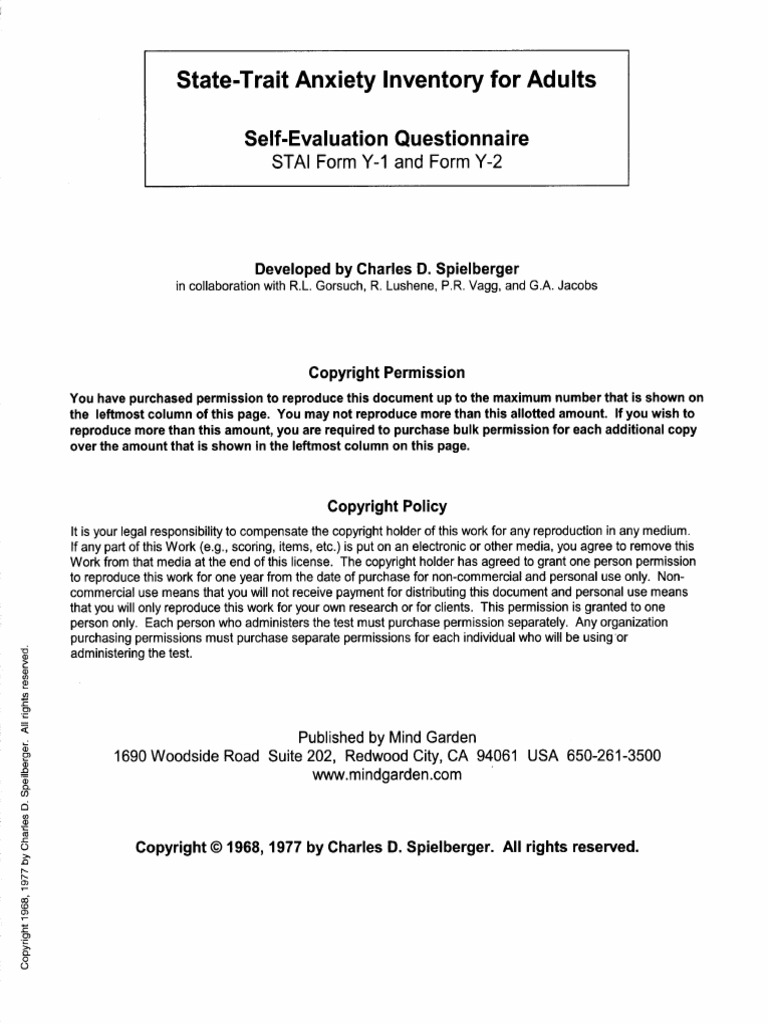 State Trait Anxiety Inventory | PDF