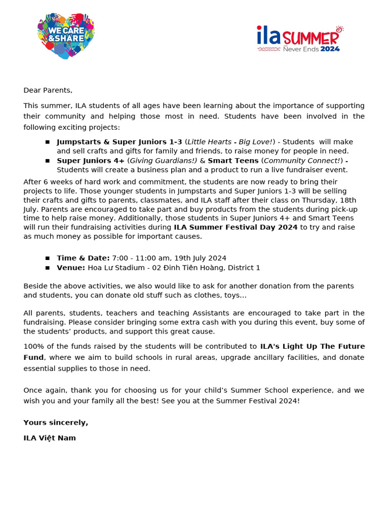 ILACN Fundraising Enrichment Letter For Parents | PDF