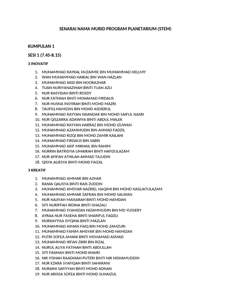 Senarai Nama Program Planetarium | PDF