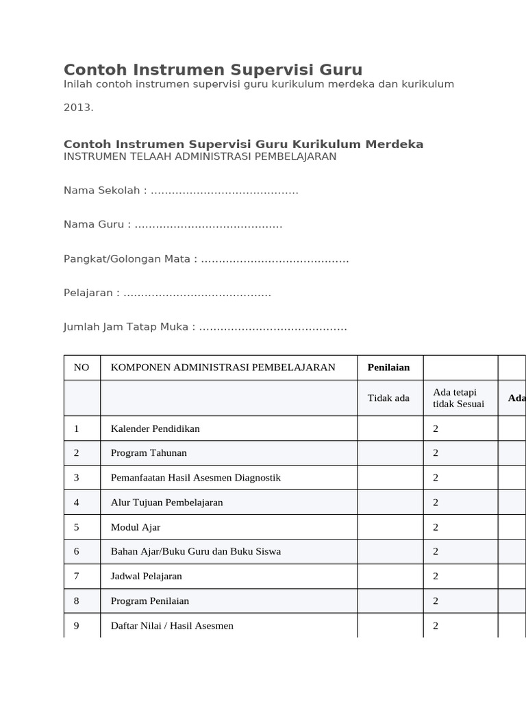 Contoh Instrumen Supervisi Guru | PDF