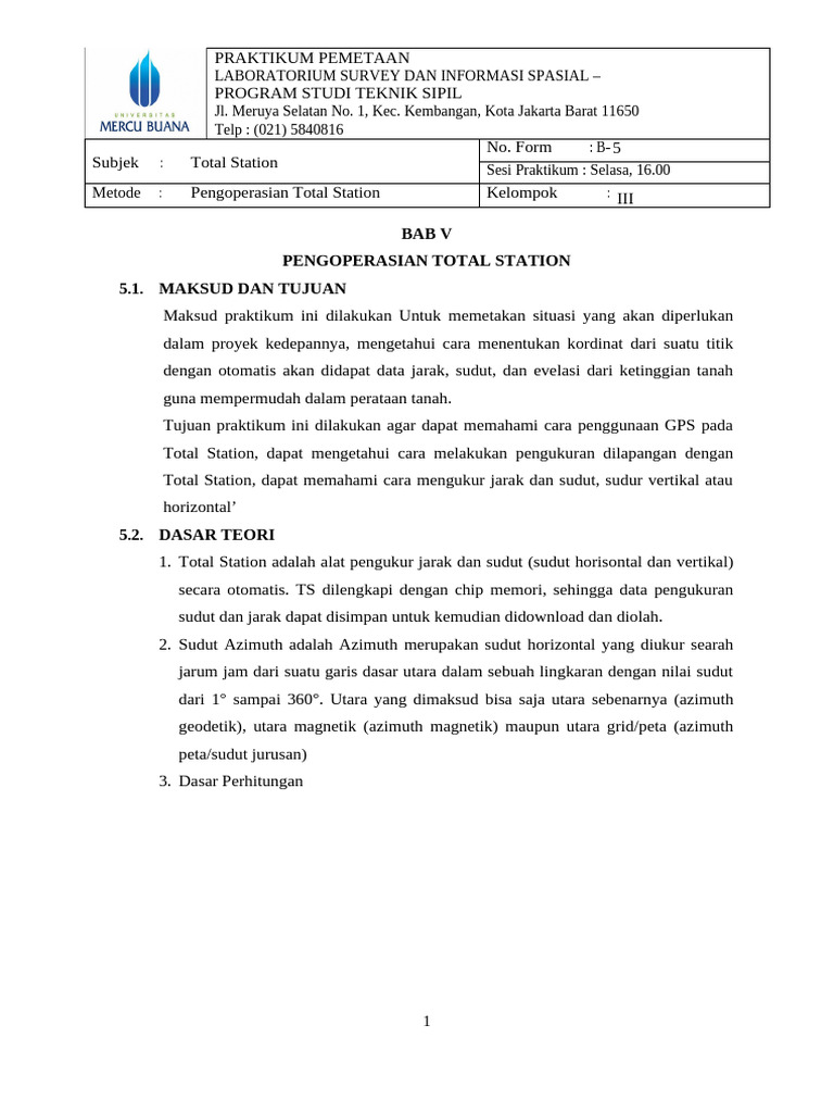 Bab 5 - Pengoperasian Total Station - Kelompok 3 | PDF