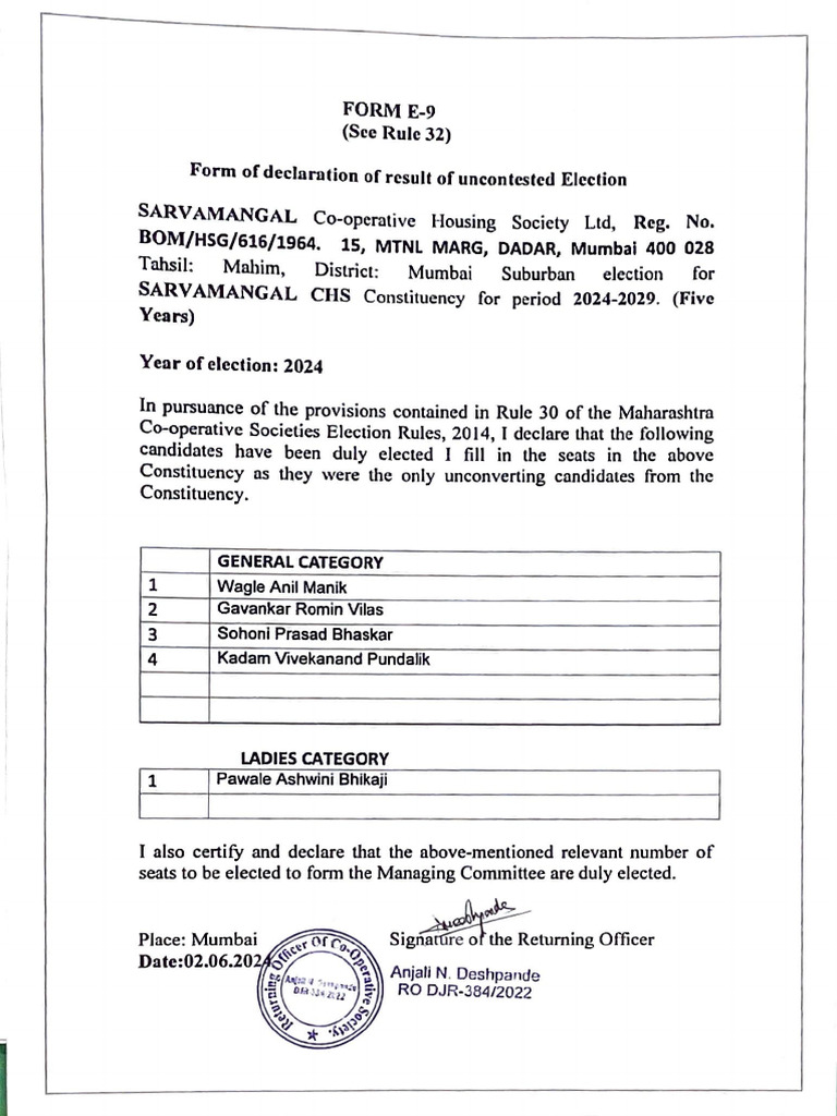 Form E9 Election of MC 2024-29 | PDF