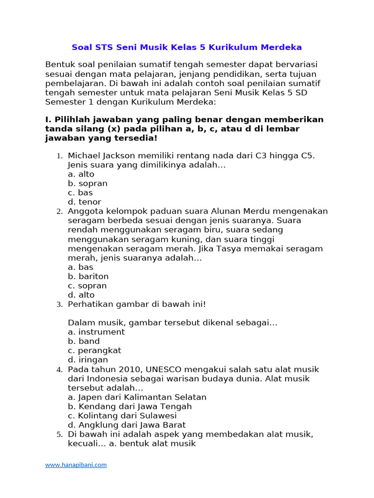 Soal STS Seni Musik Kelas 5 Kurikulum Merdeka | PDF