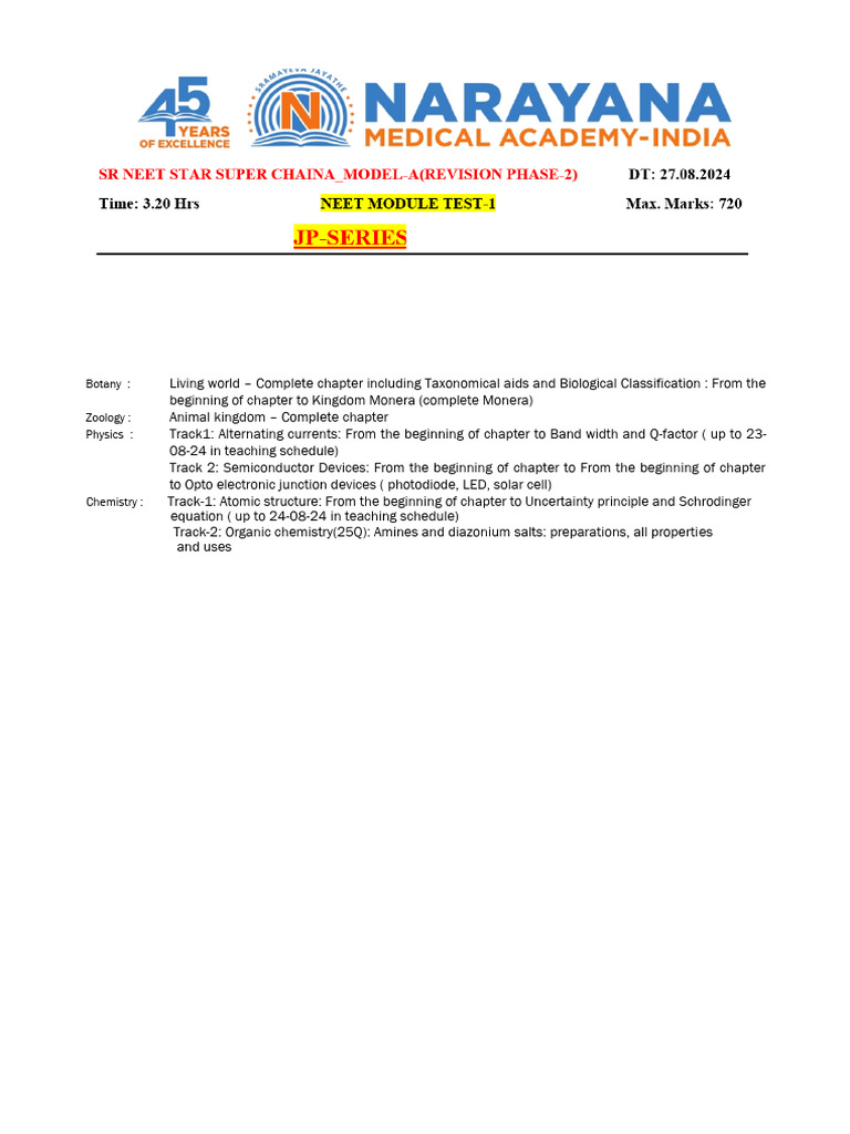 (JP Series) SR Neet Star Super Chaina-Revision-2 (Neet Module Test-1) Q ...