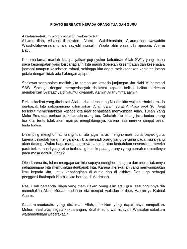 Pidato Berbakti Kepada Orang Tua Dan Guru | PDF