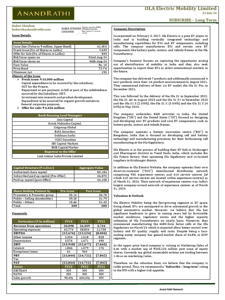 Anand Rathi IPO Note Ola Electric | PDF