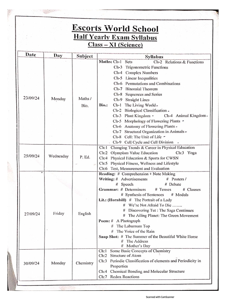 Half Yearly Syllabus | PDF