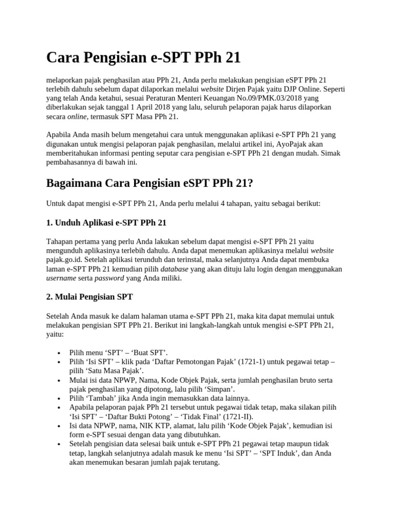 Cara Pengisian pph21 Di E-Spt | PDF