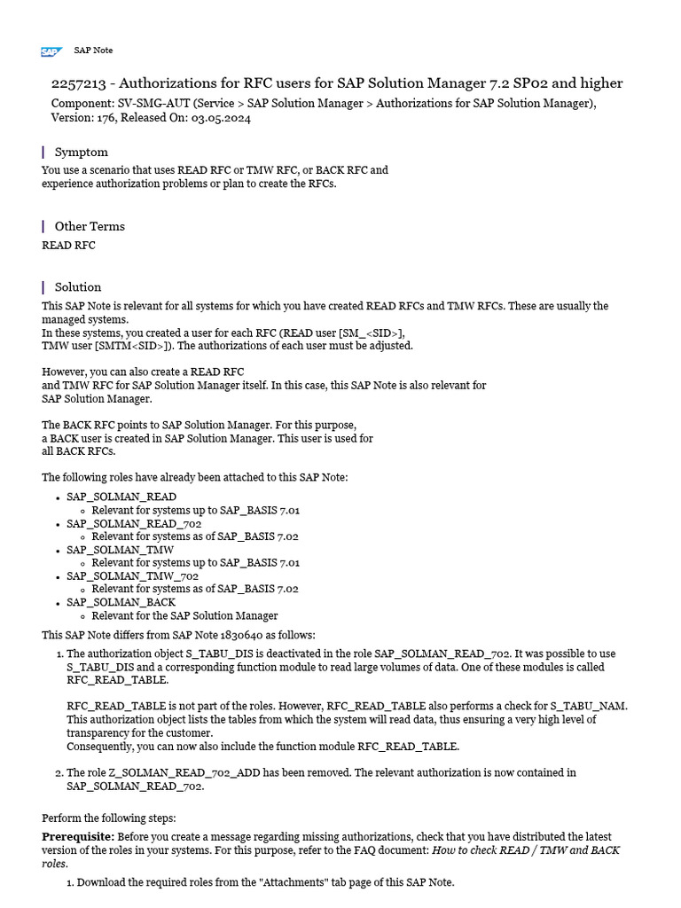 Authorizations For RFC Users For SAP Solution Manager 7.2 SP02 and ...