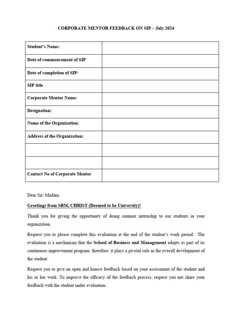 6 - SIP Corporate Mentor Feedback Template | PDF | Human Communication | Behavior Modification