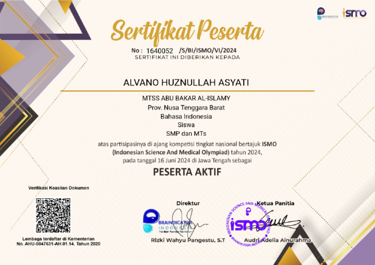 Cert - Bahasa Indonesia - ISMO 2024 | PDF