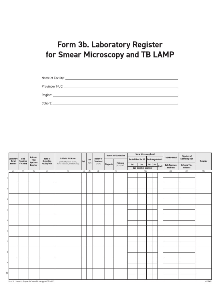 Form 3b. Laboratory Register for Smear Microscopy and TB LAMP | PDF