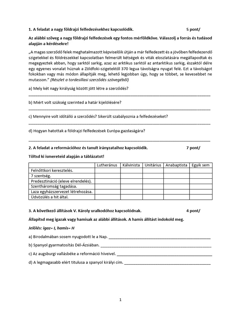 Kora Újkor Dolgozat | PDF