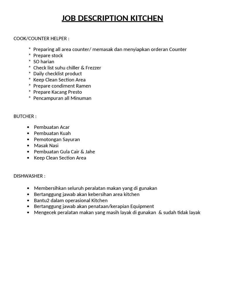 Jobdesk Kitchen | PDF