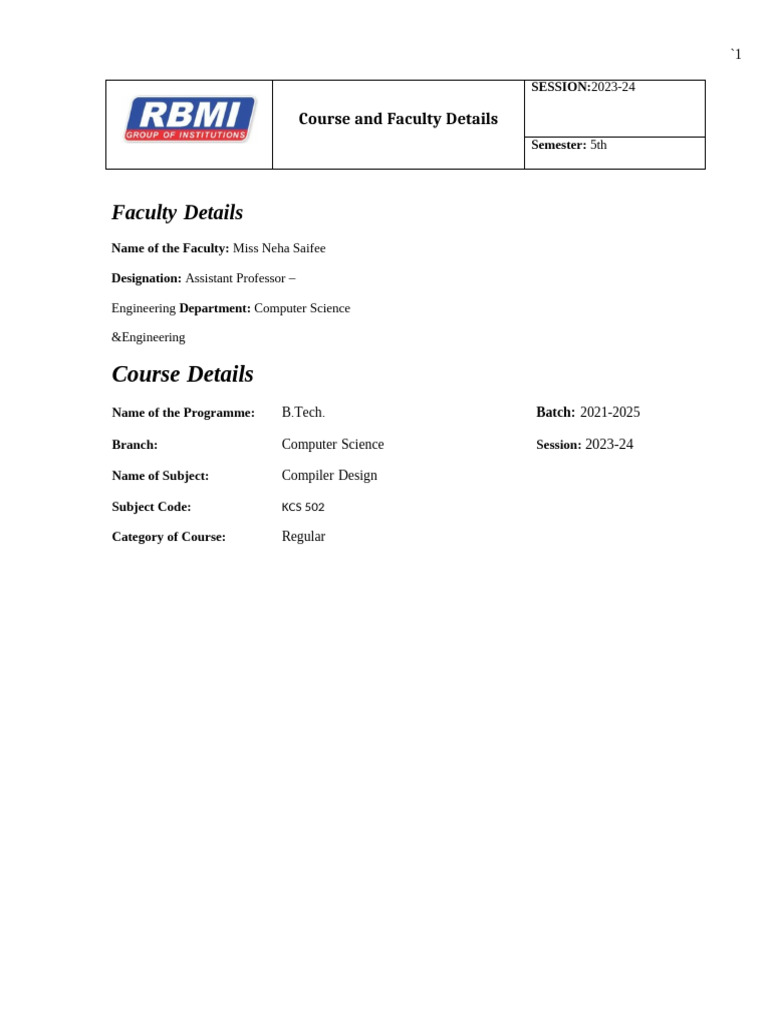 Compiler Course File | PDF