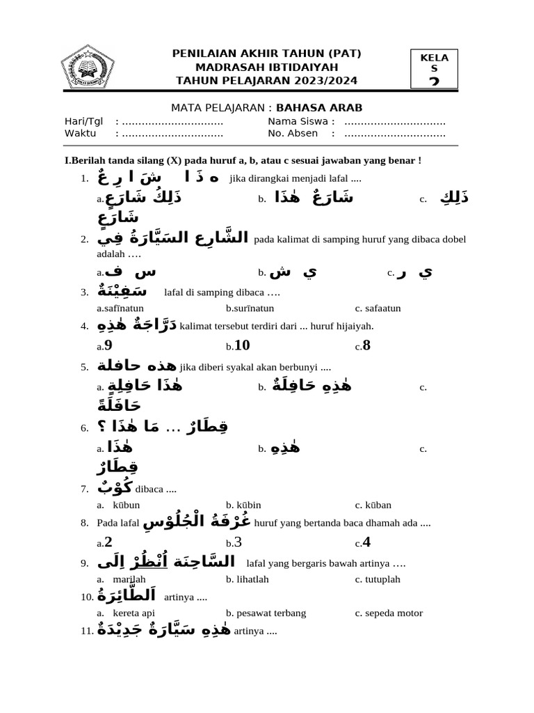 PAT Bahasa Arab Kls 2 MI Soal Dan Kunci Jawaban | PDF