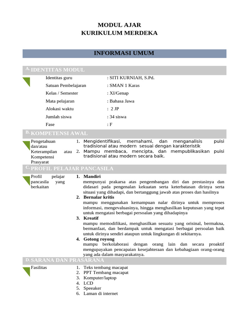 MODUL AJAR BHS JAWA XI - TEMBANG MACAPAT SSK | PDF