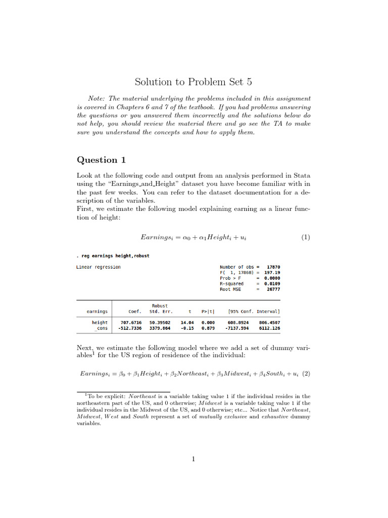 Earnings and Height Analysis Solutions | PDF | Ordinary Least Squares ...