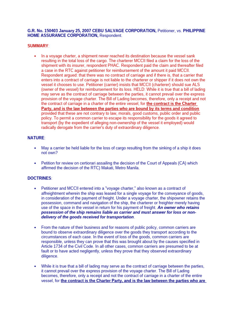 Cebu Salvage V Philippine Home Assurance GR 150403 January 2007 | PDF | Bill Of Lading | Private Law