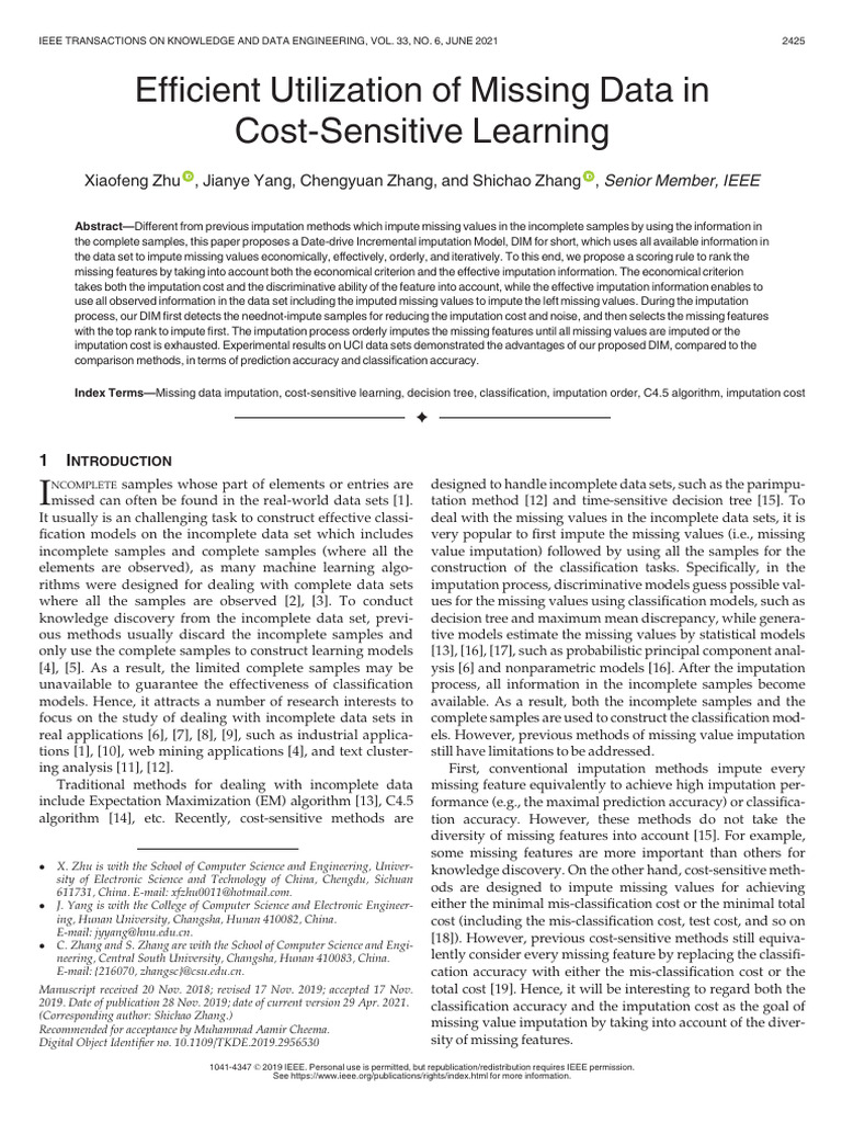Efficient Utilization of Missing Data in Cost-Sensitive Learning | PDF