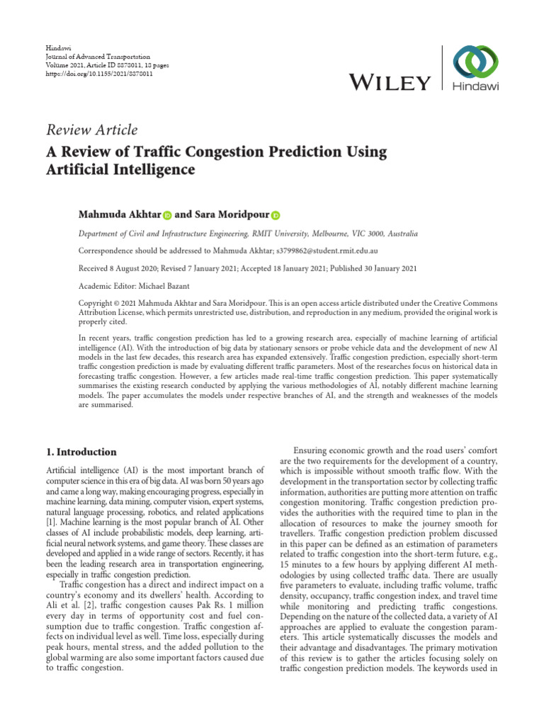 A Review of Traffic Congestion Prediction Using Artificial Intelligence | PDF | Machine Learning ...