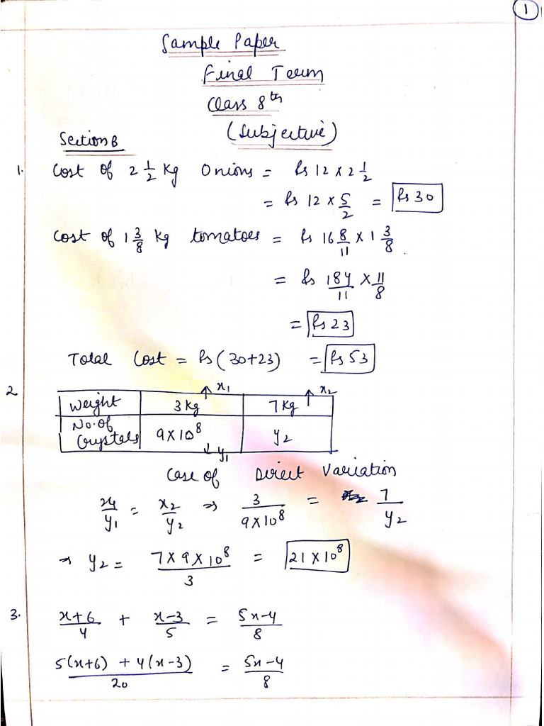 Sample Paper (Subjective) CL 8th Maths | PDF