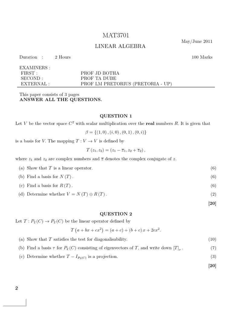 Linear Algebra Exam Questions 2011 | PDF | Eigenvalues And Eigenvectors ...