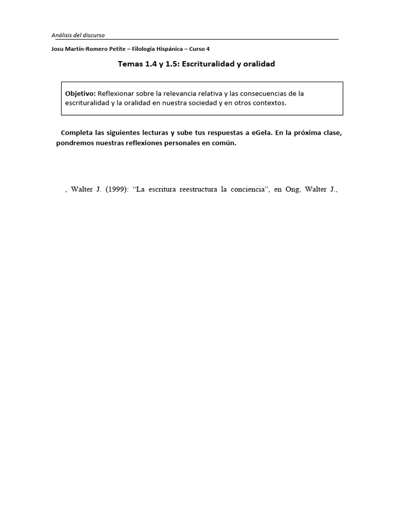 Josu Martín-Romero Petite - Actividad 1 - Ong y Moreno Cabrera - Escrituralidad y Oralidad | PDF
