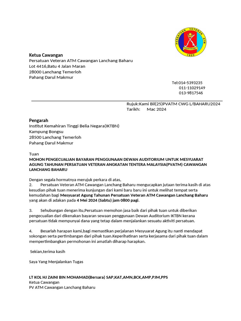 Contoh Permohonan Dewan Auditorium Iktbn 2024 | PDF