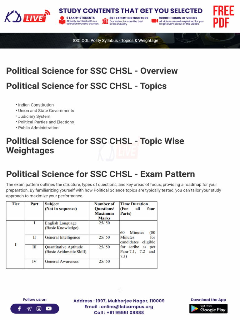 SSC CGL Polity Syllabus Topics Weightage | PDF
