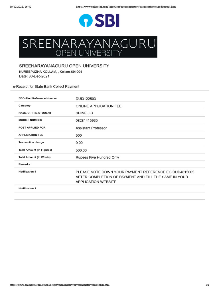 SRee Narayana Guru Open University Payment | PDF