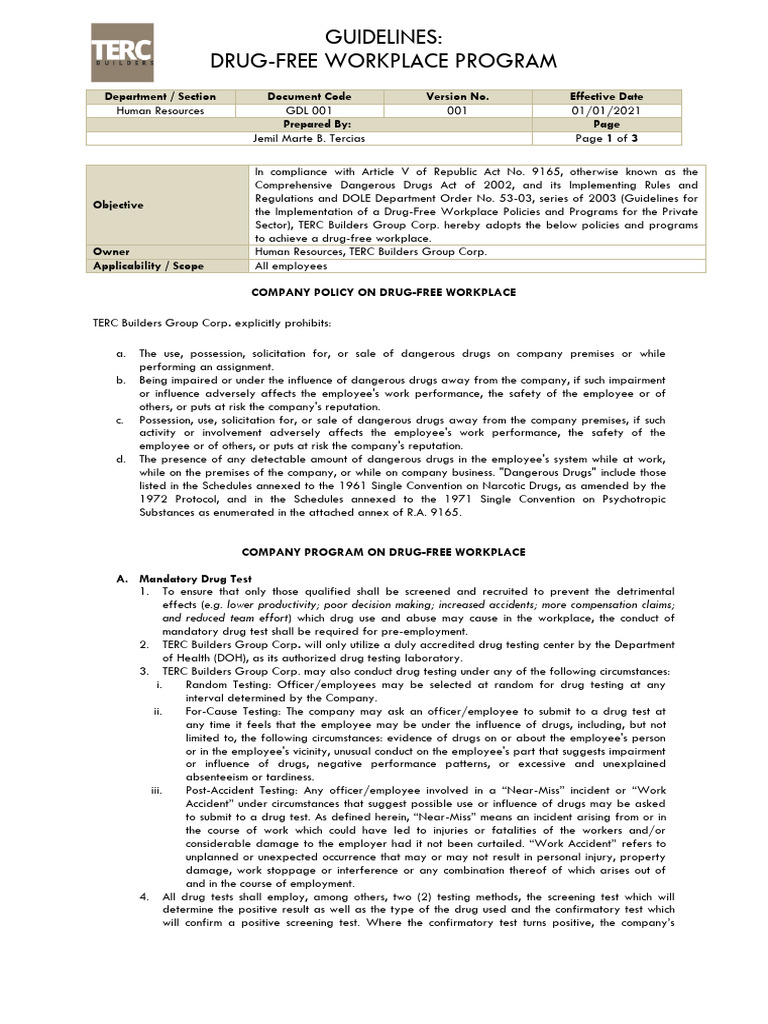HR - GDL 001 v1 - Drug Free Workplace | PDF
