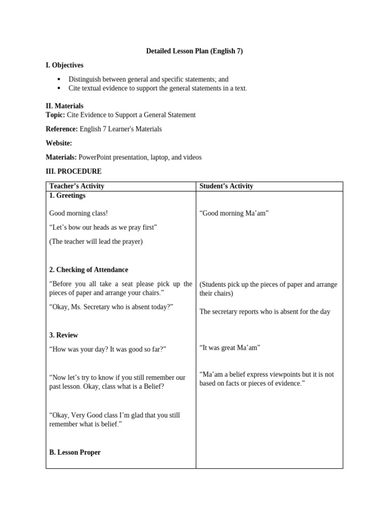 Detailed Lesson Plan - Cite Evidences | PDF | Lesson Plan | Inference