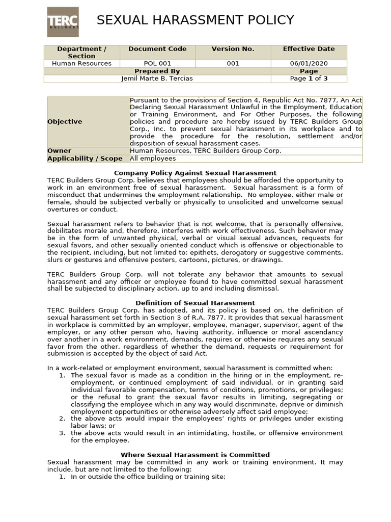 HR - POL 001 v1 - Sexual Harassment Policy | PDF