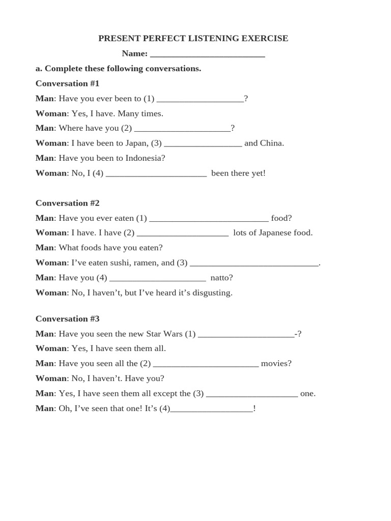 Present Perfect Listening Exercise | PDF