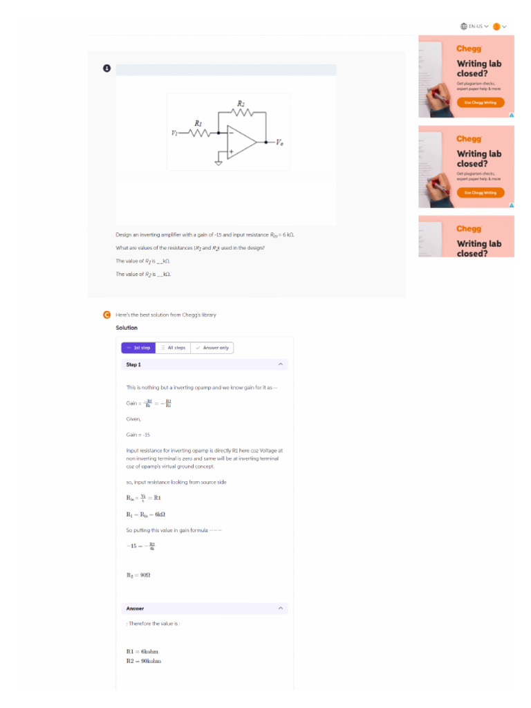 Screencapture Chegg Homework Help Questions and Answers Design Inverting Amplifier Gain 15 Input ...