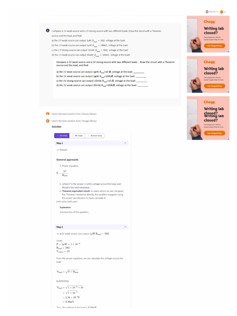 Screencapture Chegg Homework Help Questions and Answers Compare 1v Weak Source 1v Strong Source ...