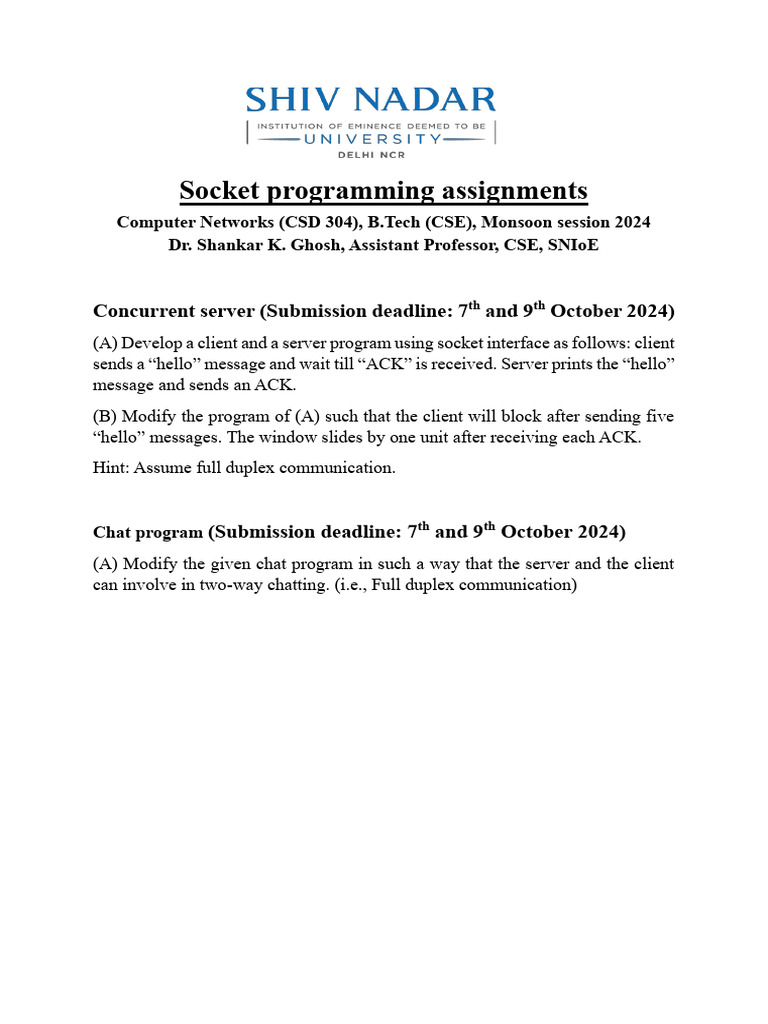 Socket Programming Assignments - Monsoon2024 | PDF